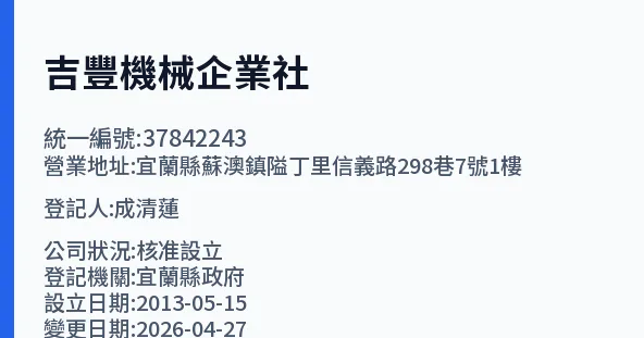 吉豐機械企業社的照片-統編 37842243(宜蘭縣) 公司登記資料與營業項目詳細圖表