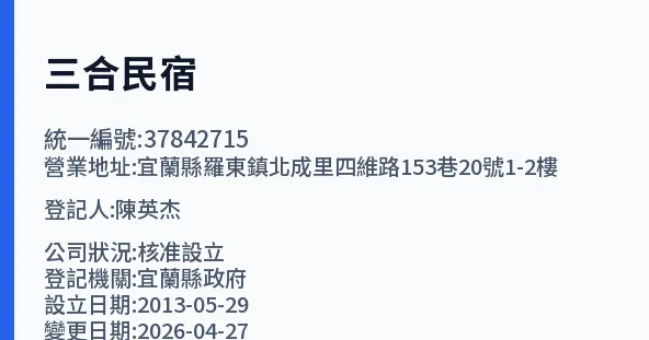 三合民宿的照片-統編 37842715(宜蘭縣) 公司登記資料與營業項目詳細圖表