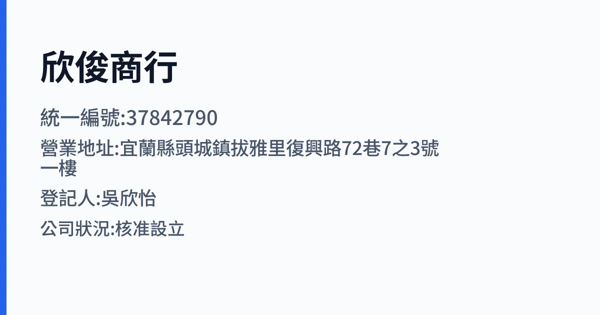 欣俊商行 - 統編 37842790(宜蘭縣) 公司登記資料與營業項目詳細圖表