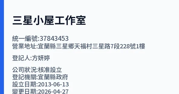 三星小屋工作室的照片-統編 37843453(宜蘭縣) 公司登記資料與營業項目詳細圖表