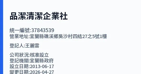 品潔清潔企業社的照片-統編 37843539(宜蘭縣) 公司登記資料與營業項目詳細圖表