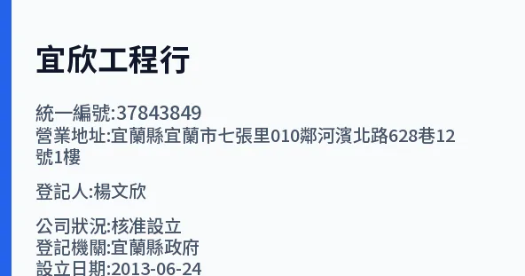 宜欣工程行的照片-統編 37843849(宜蘭縣) 公司登記資料與營業項目詳細圖表