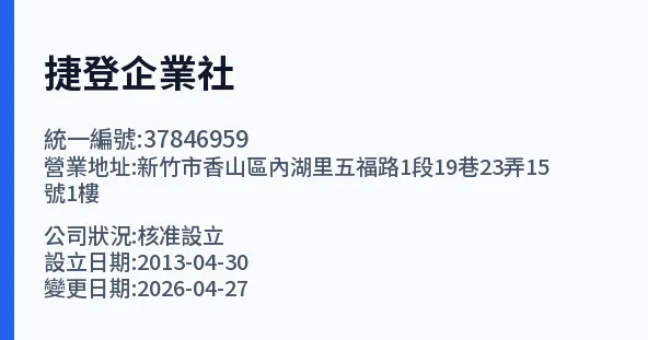 捷登企業社的照片-統編 37846959(新竹市) 公司登記資料與營業項目詳細圖表