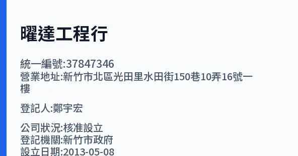 曜達工程行的照片-統編 37847346(新竹市) 公司登記資料與營業項目詳細圖表