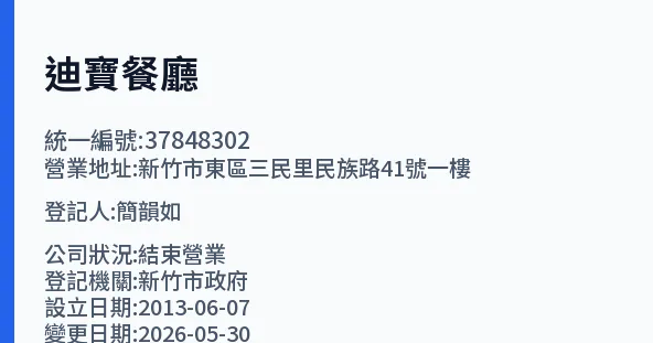 迪寶餐廳的照片-統編 37848302(新竹市) 公司登記資料與營業項目詳細圖表