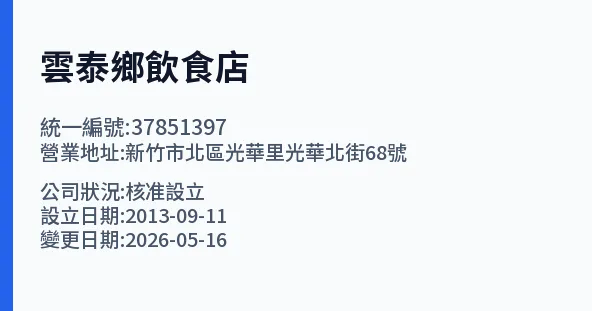 雲泰鄉飲食店的照片-統編 37851397(新竹市) 公司登記資料與營業項目詳細圖表