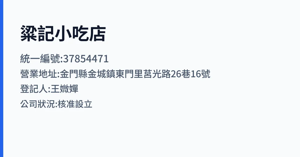 粱記小吃店 - 統編 37854471(金門縣) 公司登記資料與營業項目詳細圖表