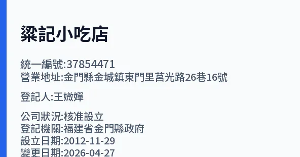 粱記小吃店的照片-統編 37854471(金門縣) 公司登記資料與營業項目詳細圖表