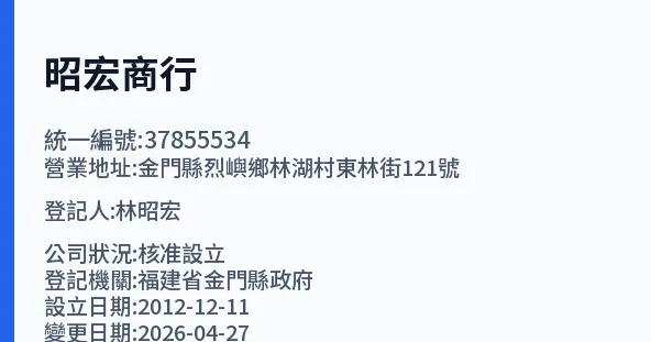 昭宏商行的照片-統編 37855534(金門縣) 公司登記資料與營業項目詳細圖表