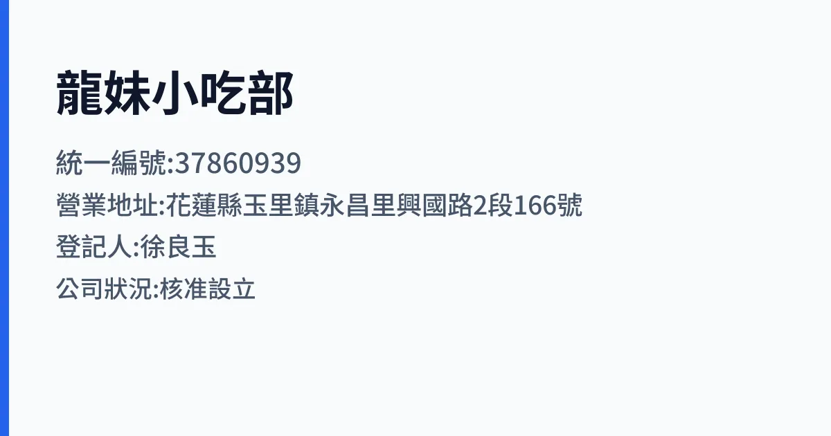 龍妹小吃部 - 統編 37860939(花蓮縣) 公司登記資料與營業項目詳細圖表