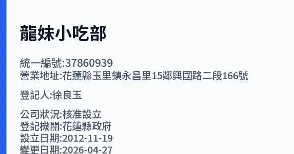 龍妹小吃部的照片-統編 37860939(花蓮縣) 公司登記資料與營業項目詳細圖表