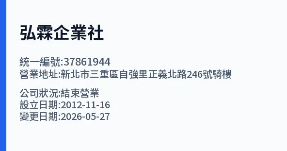 弘霖企業社的照片-統編 37861944(新北市) 公司登記資料與營業項目詳細圖表
