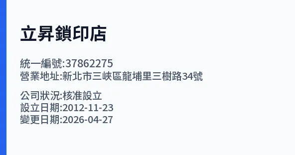 立昇鎖印店的照片-統編 37862275(新北市) 公司登記資料與營業項目詳細圖表