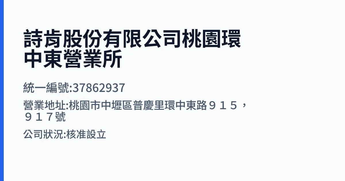 詩肯股份有限公司桃園環中東營業所 - 統編 37862937(桃園市) 公司登記資料與營業項目詳細圖表