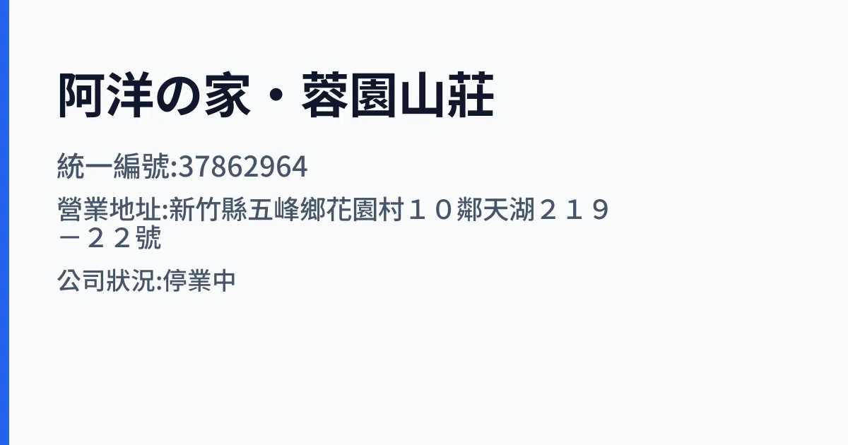 阿洋の家‧蓉園山莊 - 統編 37862964(新竹縣) 公司登記資料與營業項目詳細圖表