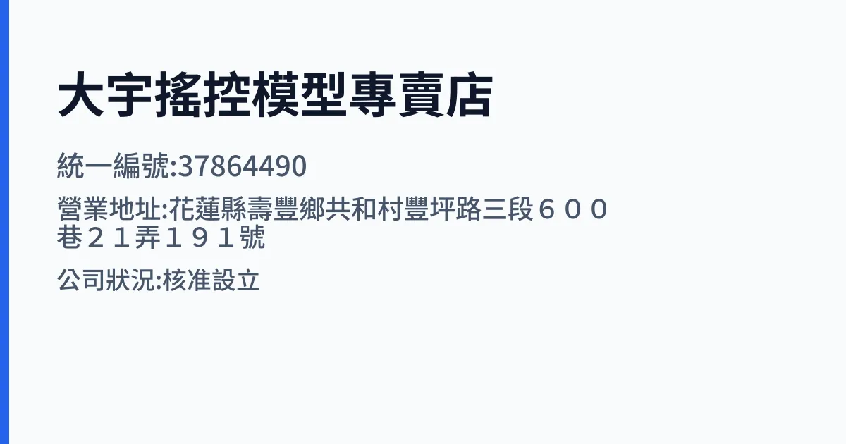 大宇搖控模型專賣店 - 統編 37864490(花蓮縣) 公司登記資料與營業項目詳細圖表