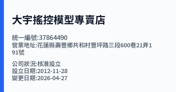 大宇搖控模型專賣店的照片-統編 37864490(花蓮縣) 公司登記資料與營業項目詳細圖表