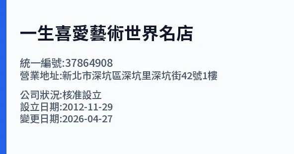 一生喜愛藝術世界名店的照片-統編 37864908(新北市) 公司登記資料與營業項目詳細圖表