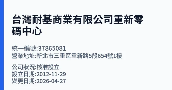 台灣耐基商業有限公司重新零碼中心的照片-統編 37865081(新北市) 公司登記資料與營業項目詳細圖表
