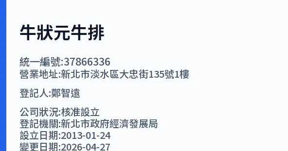牛狀元牛排的照片-統編 37866336(新北市) 公司登記資料與營業項目詳細圖表