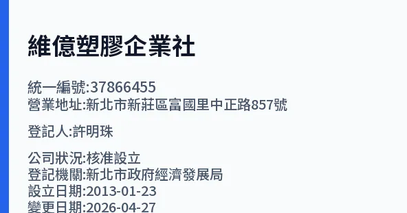 維億塑膠企業社的照片-統編 37866455(新北市) 公司登記資料與營業項目詳細圖表