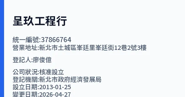 呈玖工程行的照片-統編 37866764(新北市) 公司登記資料與營業項目詳細圖表