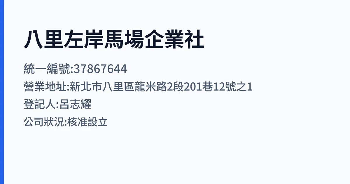 八里左岸馬場企業社 - 統編 37867644（新北市） 公司登記資料與營業項目詳細圖表