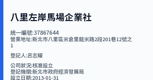 八里左岸馬場企業社的照片-統編 37867644(新北市) 公司登記資料與營業項目詳細圖表