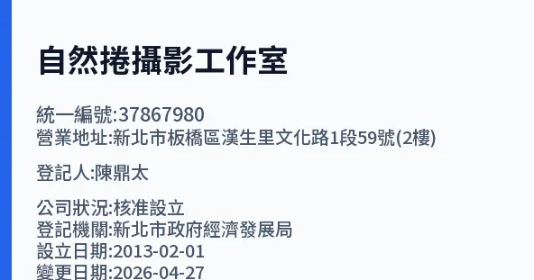 自然捲攝影工作室的照片-統編 37867980(新北市) 公司登記資料與營業項目詳細圖表