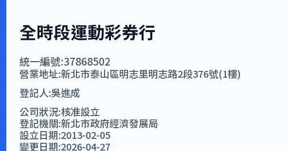 全時段運動彩券行的照片-統編 37868502(新北市) 公司登記資料與營業項目詳細圖表