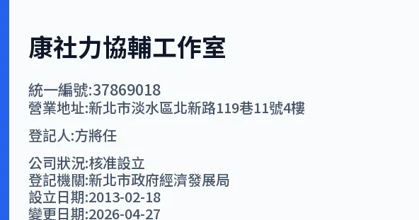 康社力協輔工作室的照片-統編 37869018(新北市) 公司登記資料與營業項目詳細圖表