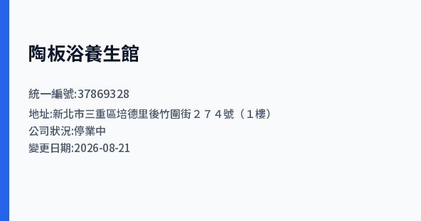 陶板浴養生館的照片-統編 37869328(新北市) 公司登記資料與營業項目詳細圖表