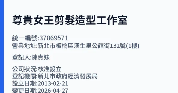 尊貴女王剪髮造型工作室的照片-統編 37869571(新北市) 公司登記資料與營業項目詳細圖表
