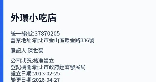 外環小吃店的照片-統編 37870205(新北市) 公司登記資料與營業項目詳細圖表