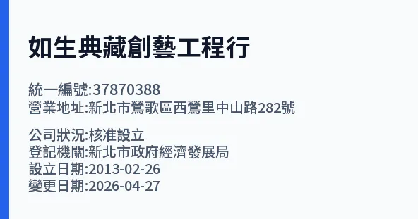 如生典藏創藝工程行的照片-統編 37870388(新北市) 公司登記資料與營業項目詳細圖表