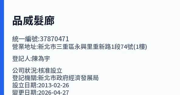 品威髮廊的照片-統編 37870471(新北市) 公司登記資料與營業項目詳細圖表