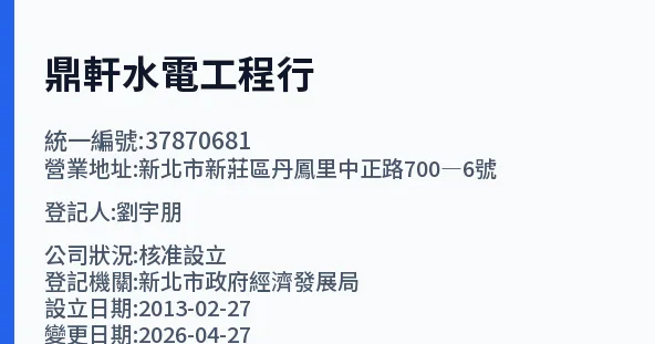 鼎軒水電工程行的照片-統編 37870681(新北市) 公司登記資料與營業項目詳細圖表