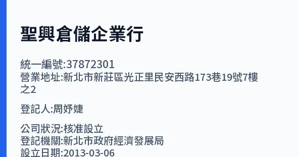聖興倉儲企業行的照片-統編 37872301(新北市) 公司登記資料與營業項目詳細圖表