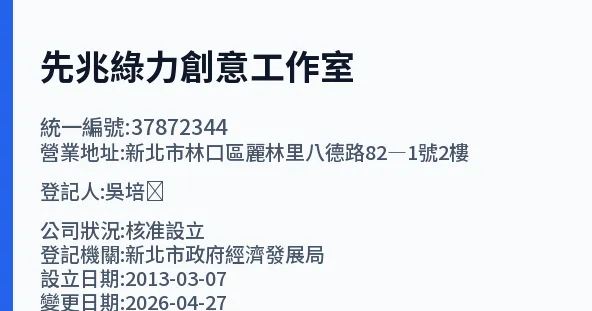 先兆綠力創意工作室的照片-統編 37872344(新北市) 公司登記資料與營業項目詳細圖表