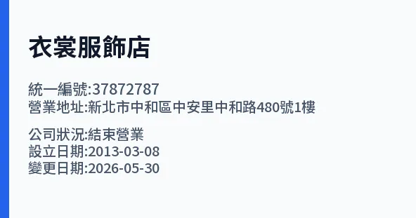衣裳服飾店的照片-統編 37872787(新北市) 公司登記資料與營業項目詳細圖表