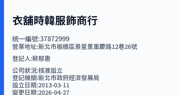 衣舖時韓服飾商行的照片-統編 37872999(新北市) 公司登記資料與營業項目詳細圖表