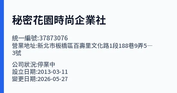 秘密花園時尚企業社的照片-統編 37873076(新北市) 公司登記資料與營業項目詳細圖表
