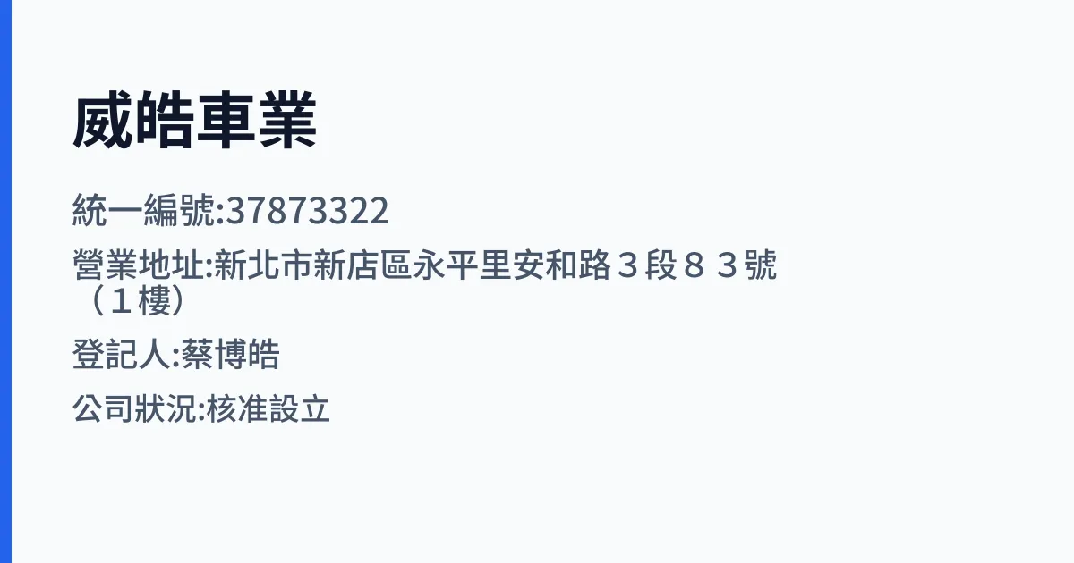 威皓車業 - 統編 37873322(新北市) 公司登記資料與營業項目詳細圖表