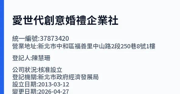 愛世代創意婚禮企業社的照片-統編 37873420(新北市) 公司登記資料與營業項目詳細圖表