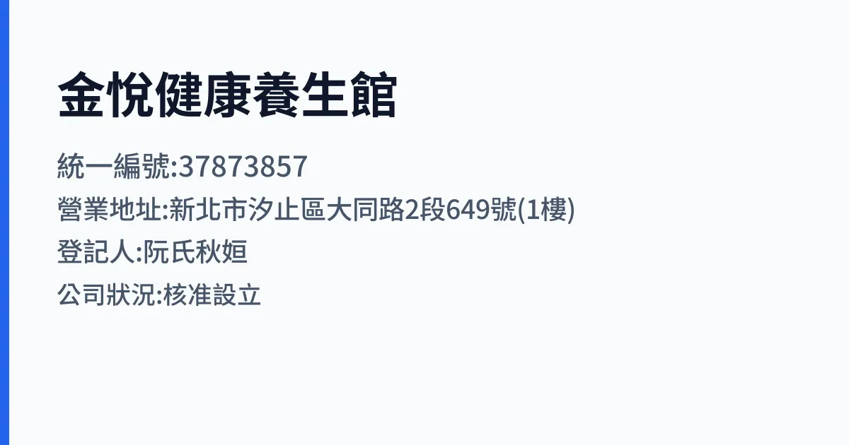 金悅健康養生館 - 統編 37873857(新北市) 公司登記資料與營業項目詳細圖表