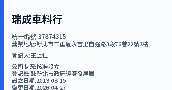 瑞成車料行的照片-統編 37874315(新北市) 公司登記資料與營業項目詳細圖表