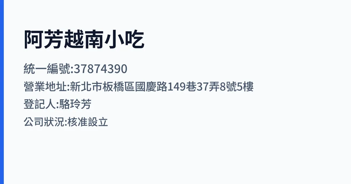 阿芳越南小吃 - 統編 37874390(新北市) 公司登記資料與營業項目詳細圖表