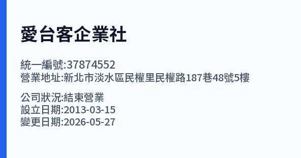 愛台客企業社的照片-統編 37874552(新北市) 公司登記資料與營業項目詳細圖表