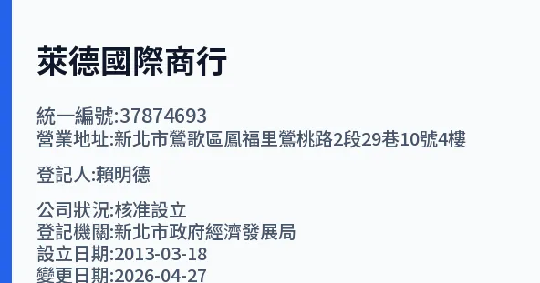 萊德國際商行的照片-統編 37874693(新北市) 公司登記資料與營業項目詳細圖表