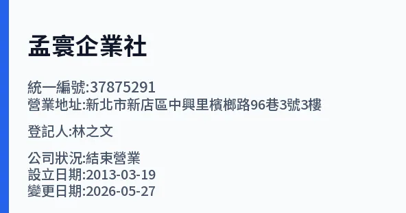 孟寰企業社的照片-統編 37875291(新北市) 公司登記資料與營業項目詳細圖表